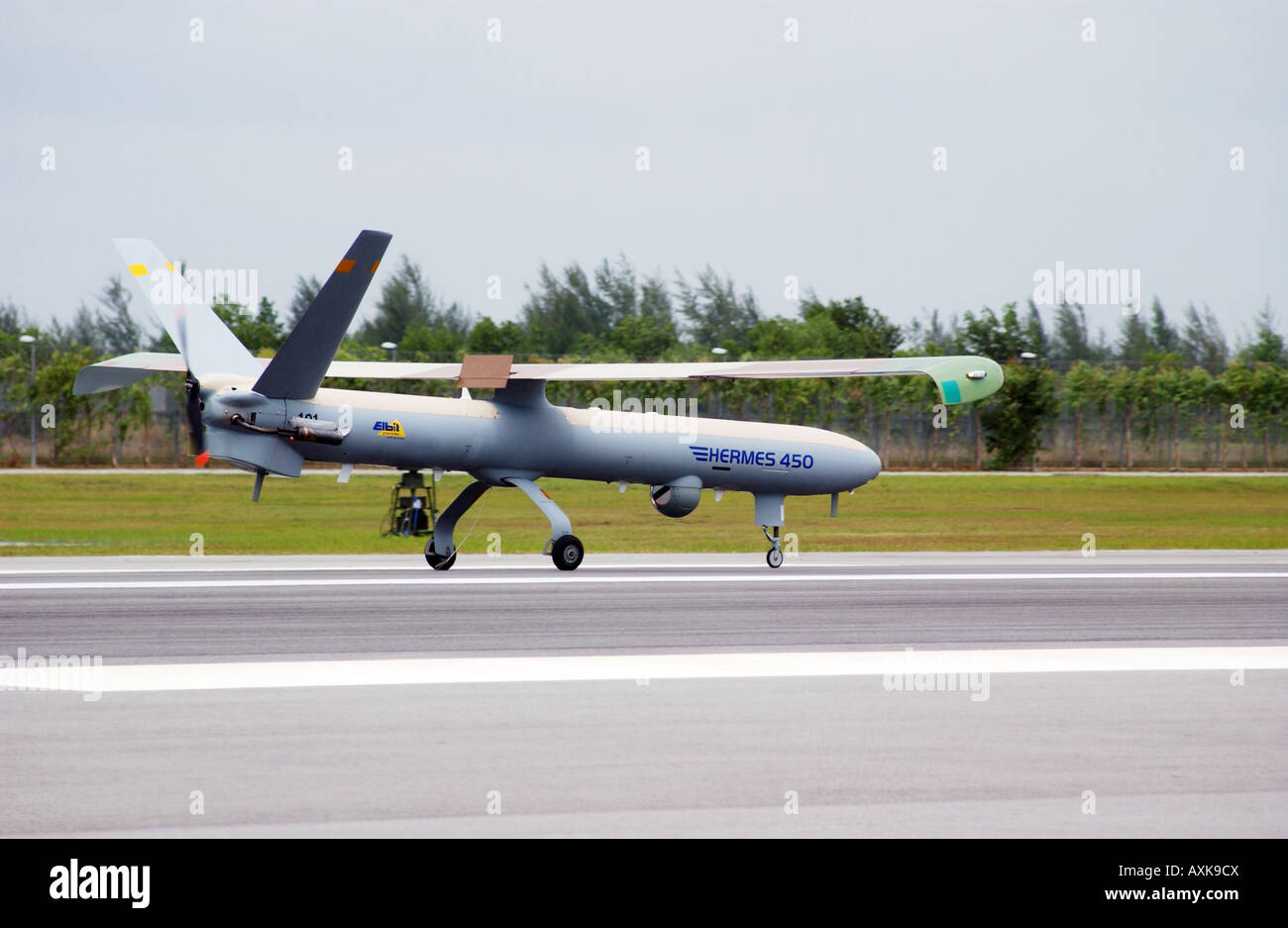 The Hermes unmanned aerial vehicle (UAV) lands at an army base in ...