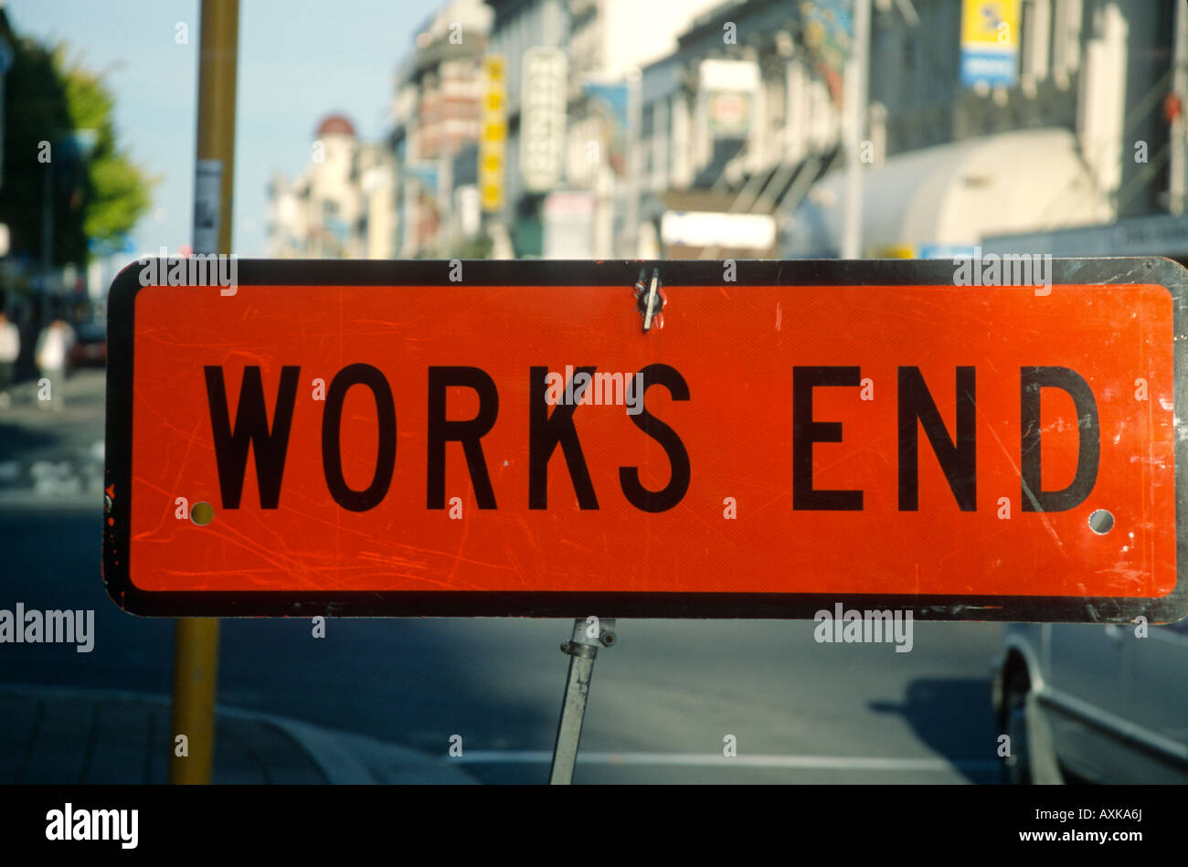 NEW ZEALAND Christchurch Works End construction sign on city street ...
