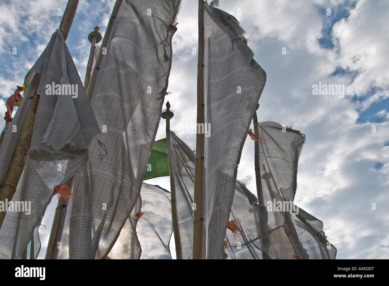 Large prayer flags in Buddhist monastery in Sikkim, India Stock Photo ...