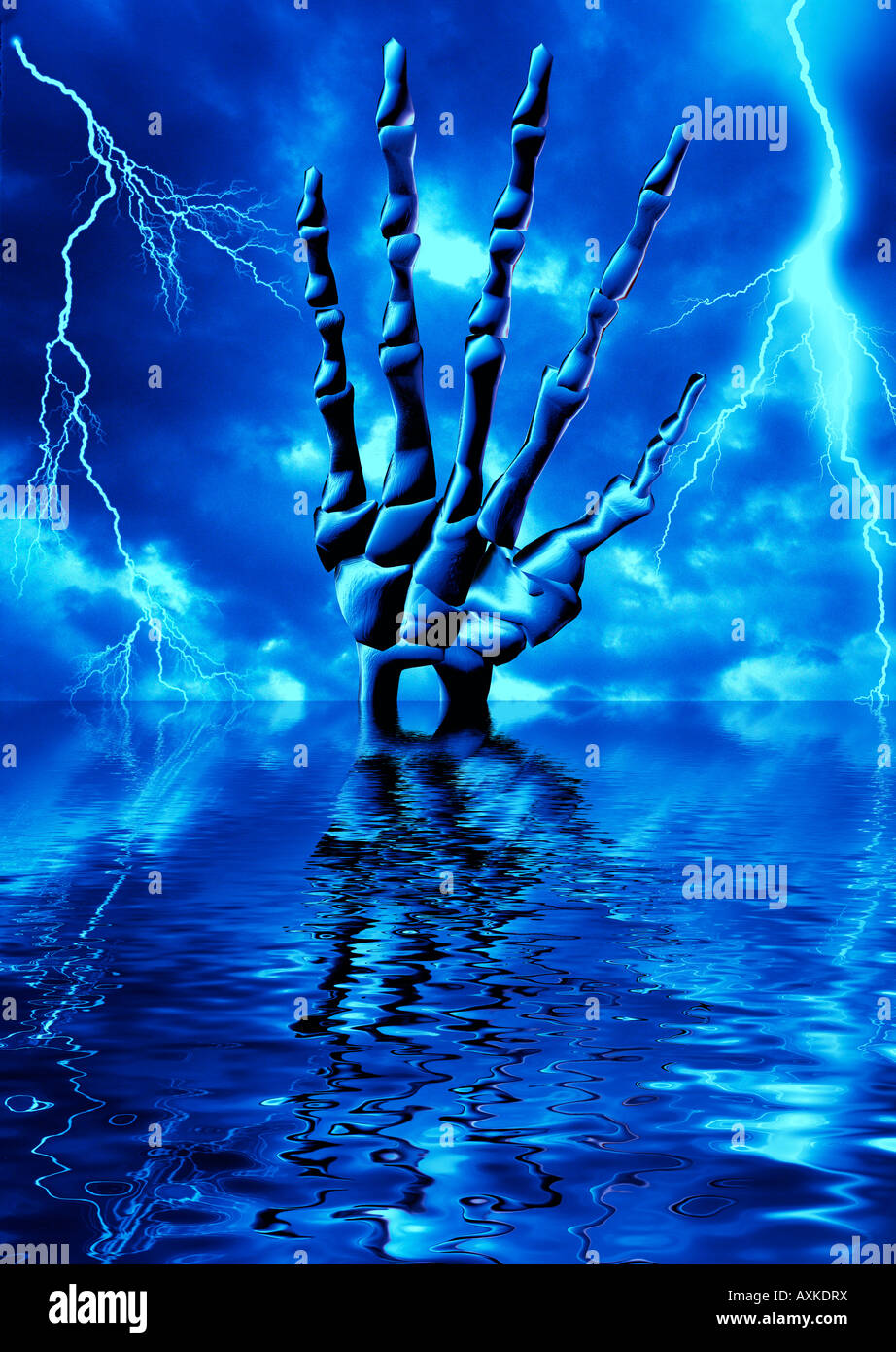 skeletal hand emerging from water with stormy sky background Stock ...