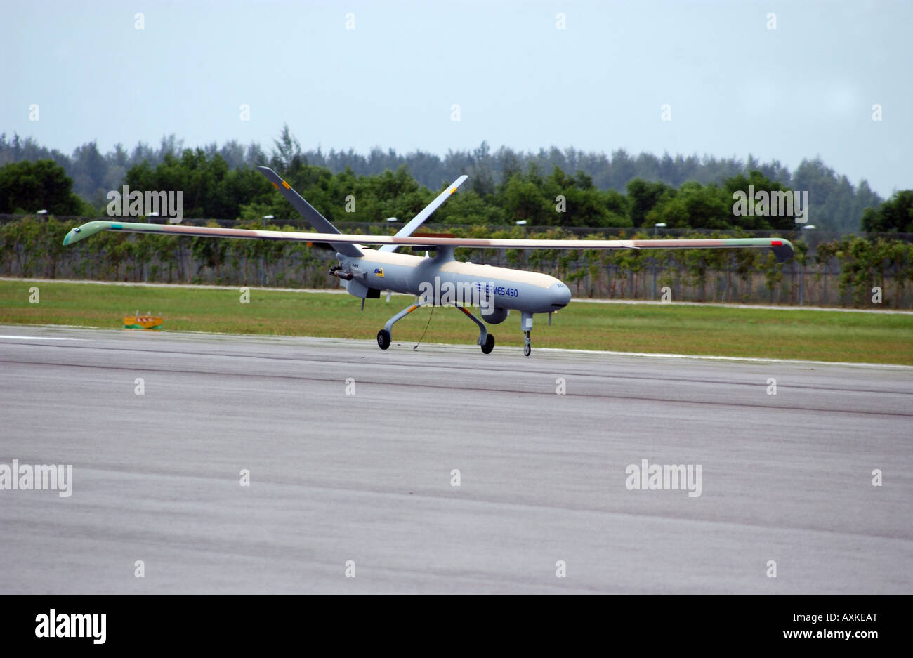 The Hermes unmanned aerial vehicle (UAV) lands at an army base in ...