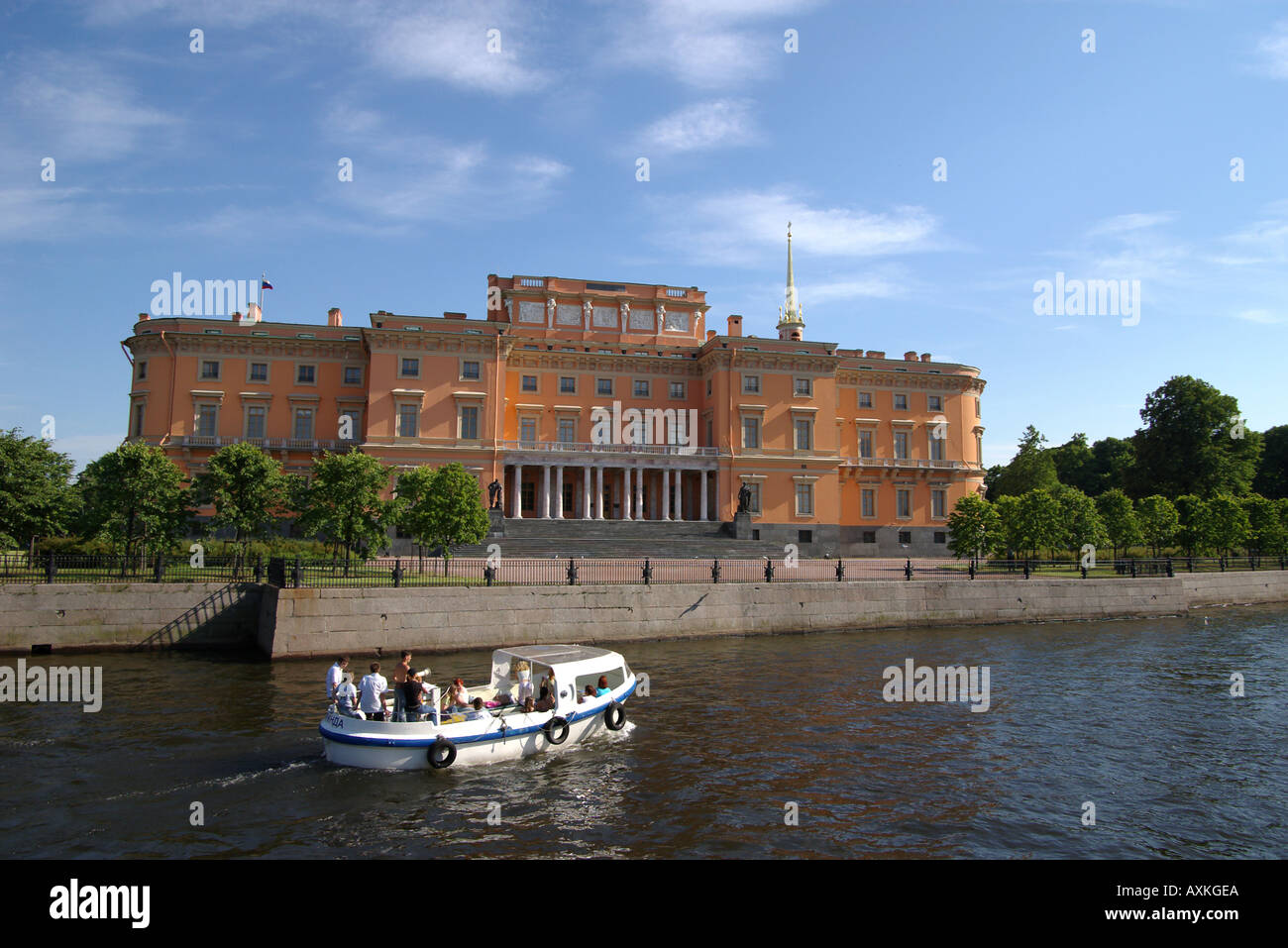 Mikhailovsky palace with boat in foreground, St-Petersburg, Russia ...