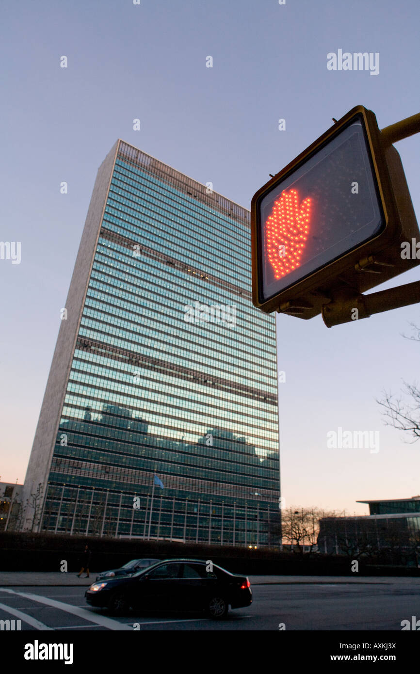 The United Nations building in New York at night as viewed from street ...