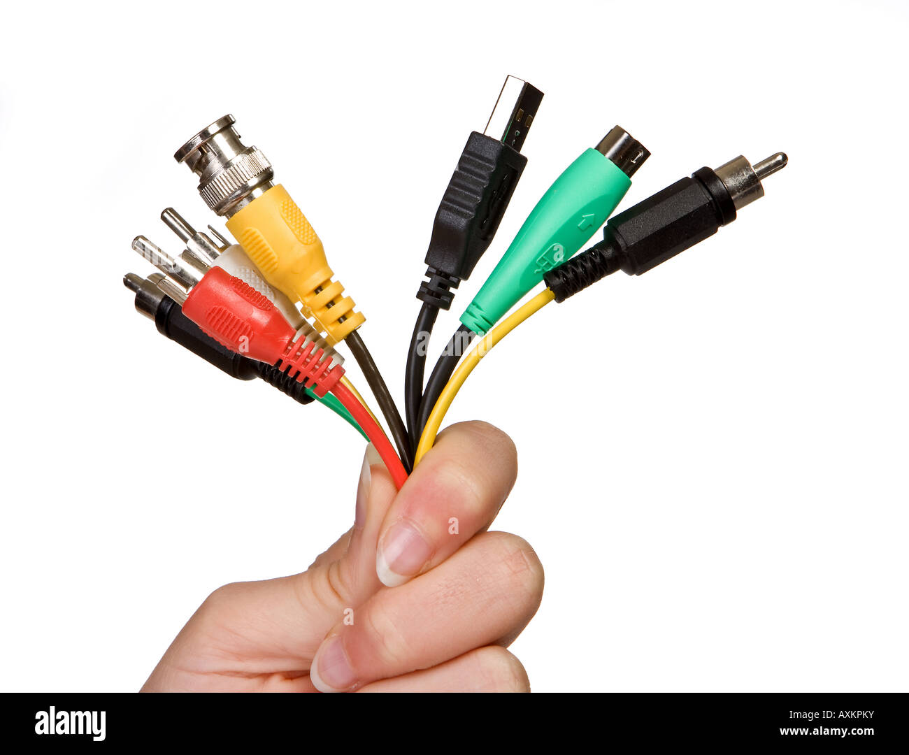 Hand holding a colorful bouquet of computer cables Stock Photo - Alamy