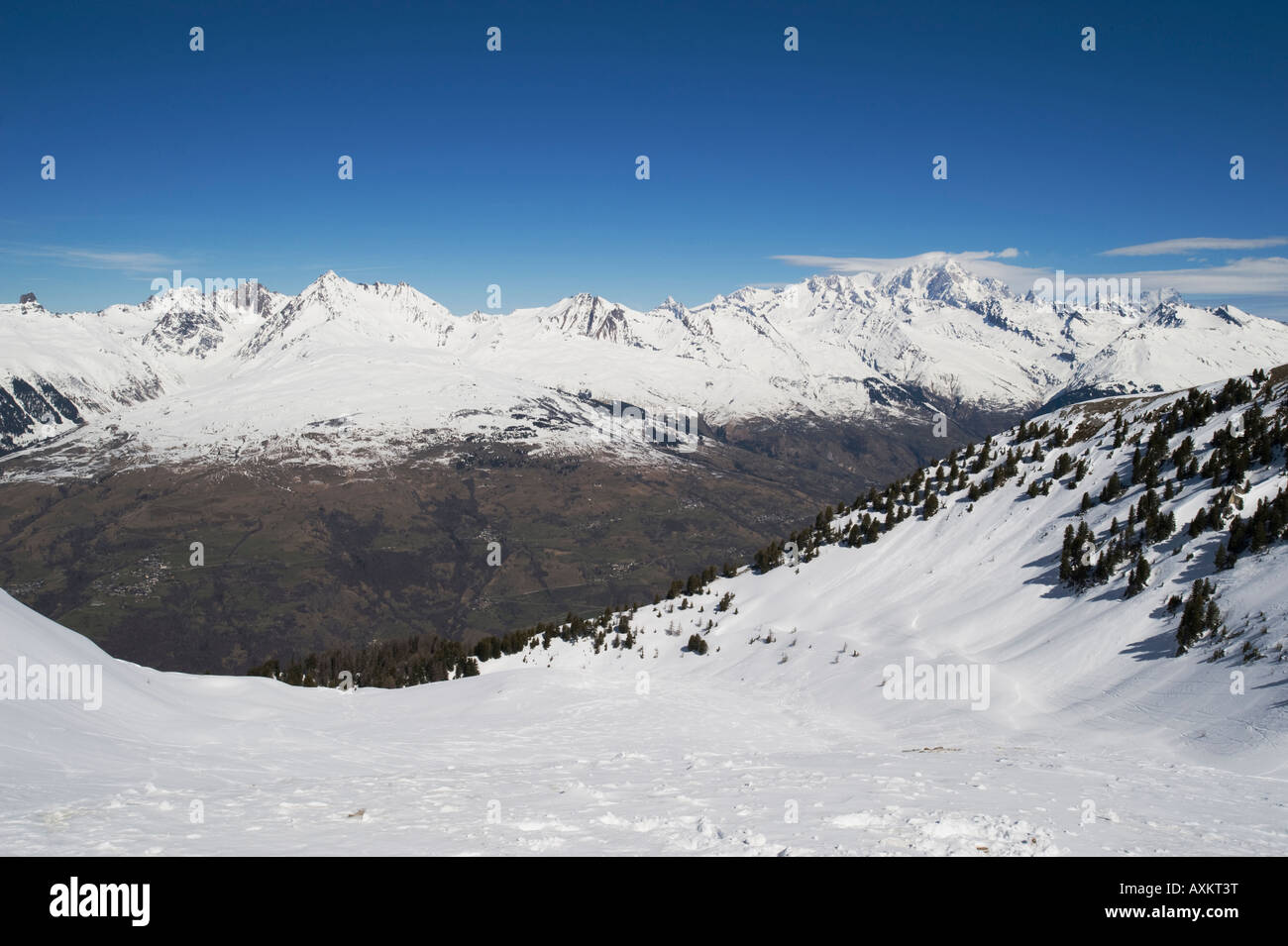 french alpine winter landscape with mont blanc and snowline in valley ...