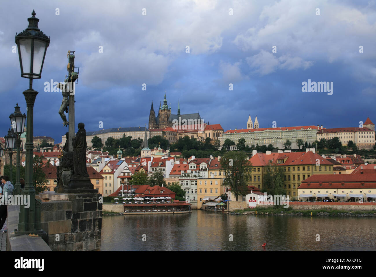Prague castle and Karlov bridge under Vltava river (Prague, Czech ...