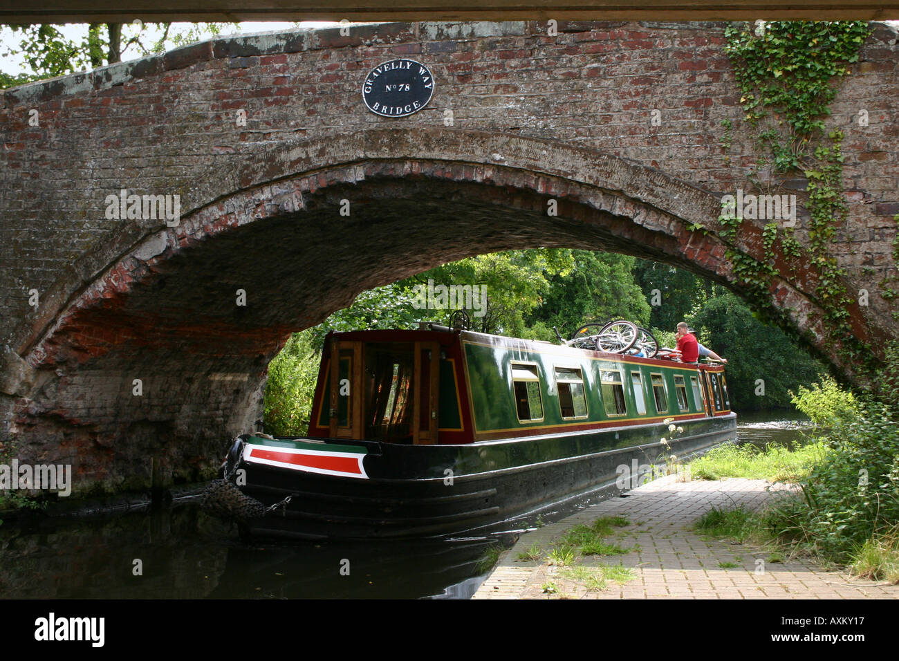 A narrowboat passes through a bridge at Gravelly Way Stock Photo - Alamy