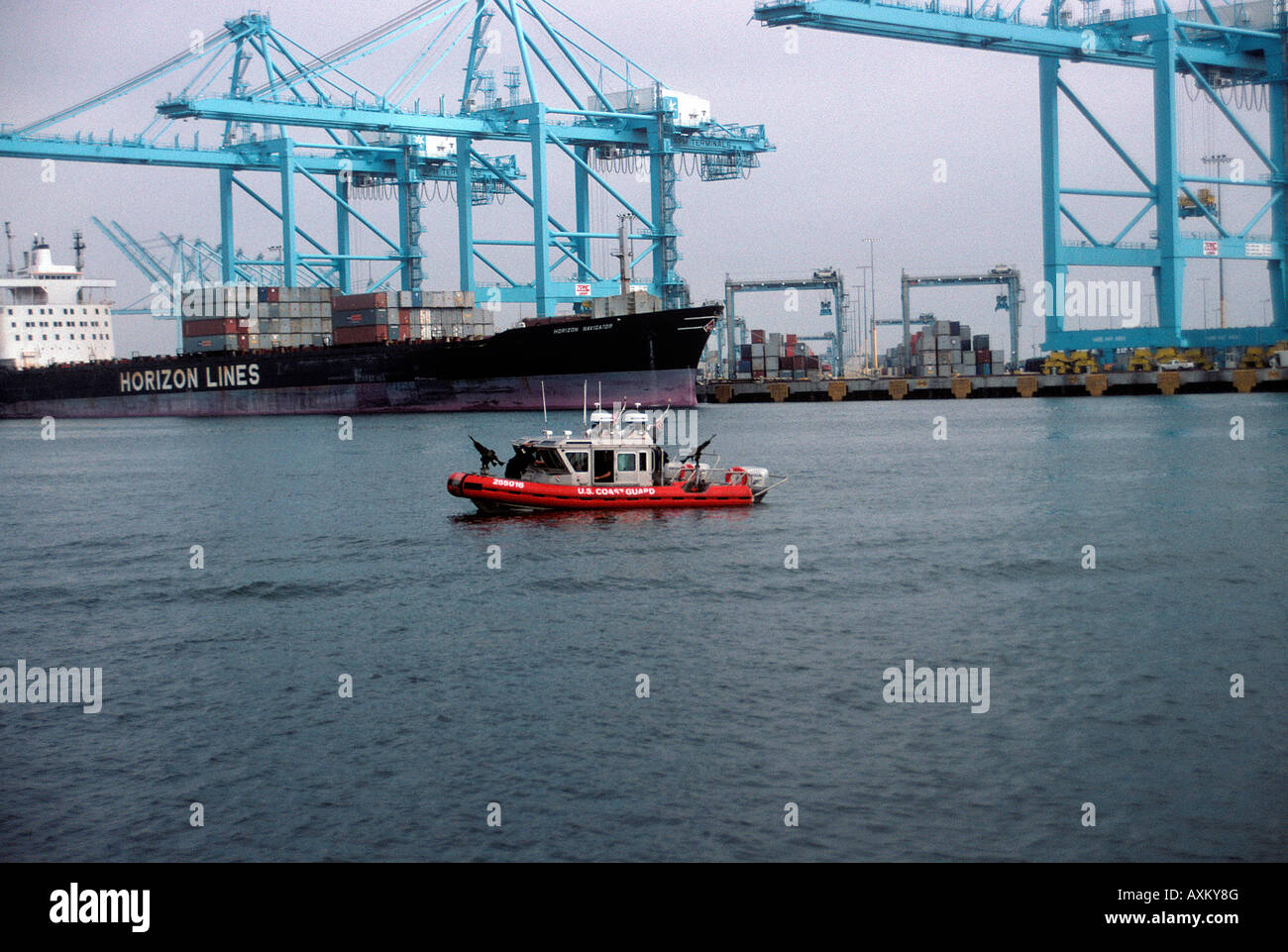 U S Coast Guard patrol boat with machine guns ready. Port of Los ...