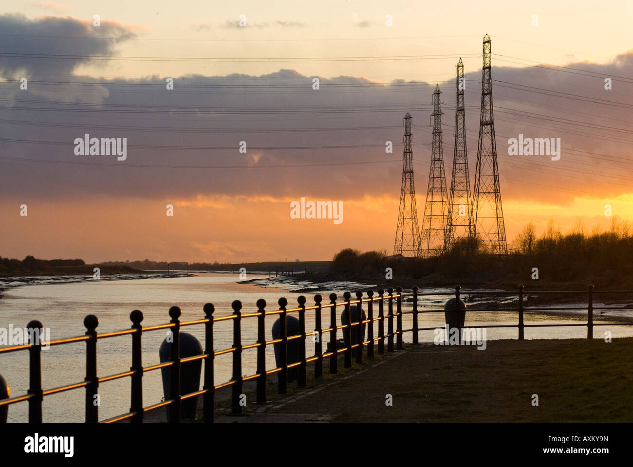 Pylons over River Ribble Stock Photo - Alamy