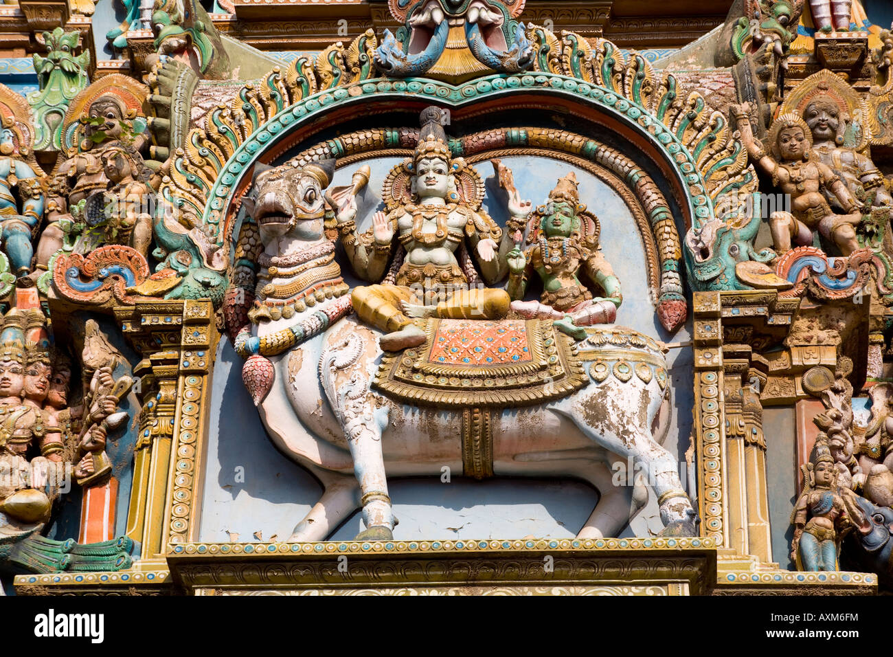 Carved Hindu deity and animal figure, Meenakshi Temple, Madurai, Tamil ...
