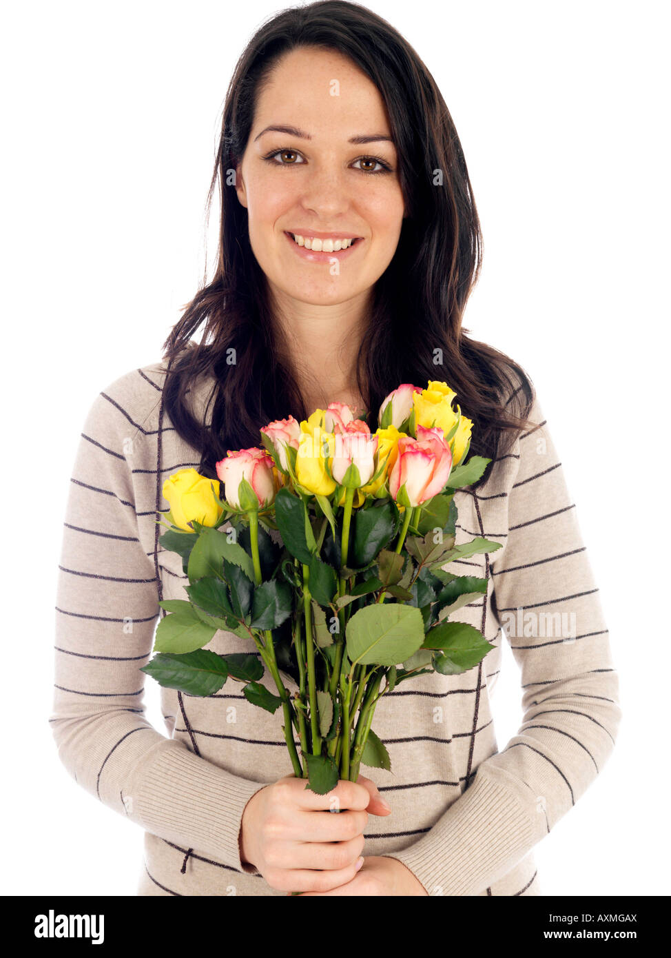 Young Woman Holding Bunch of Flowers Model Released Stock Photo - Alamy