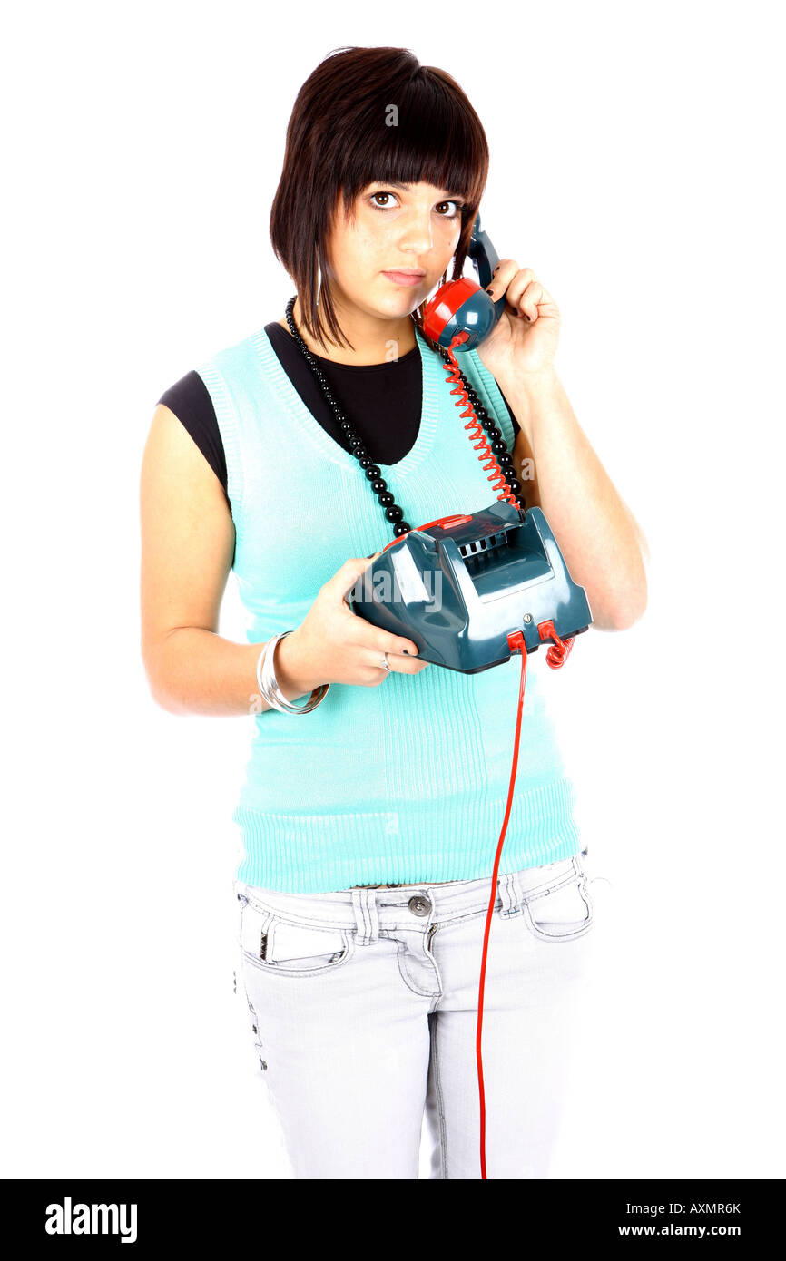 Teenage Girl Using Retro Phone Model Released Stock Photo - Alamy