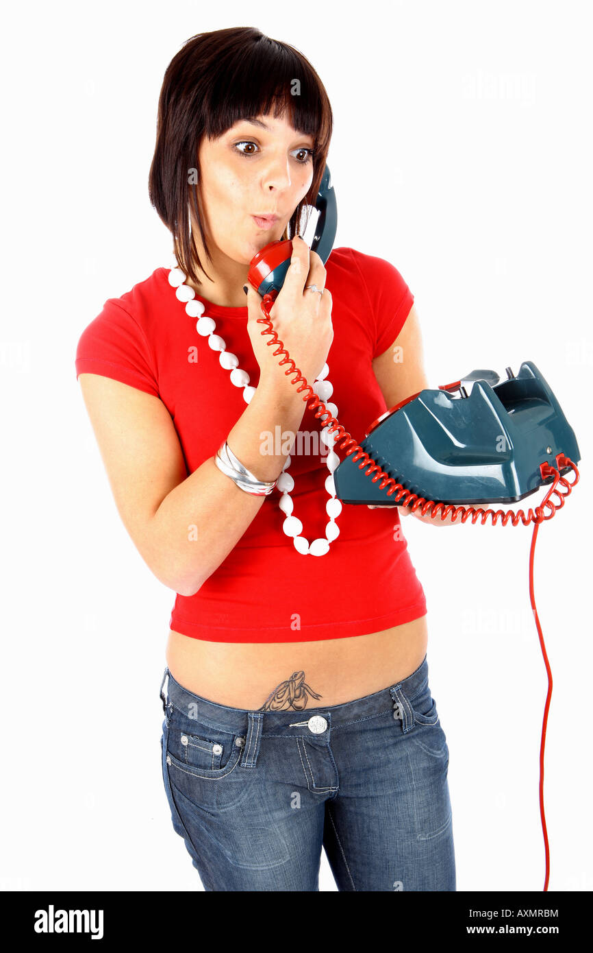 Teenage Girl Using Retro Phone Model Released Stock Photo - Alamy
