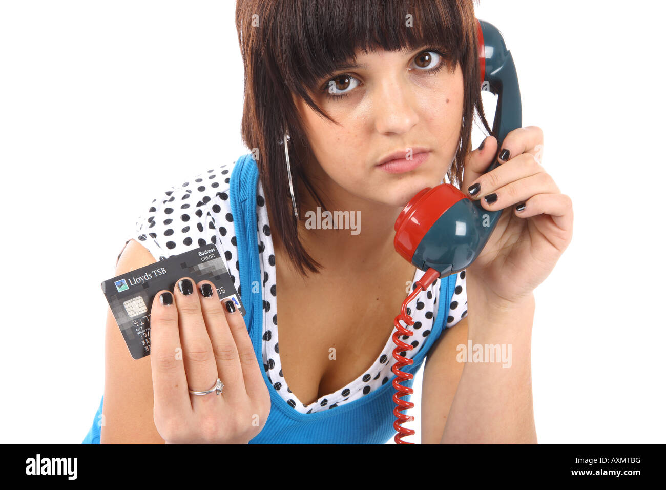 Teenage Girl Using Retro Phone Model Released Stock Photo - Alamy