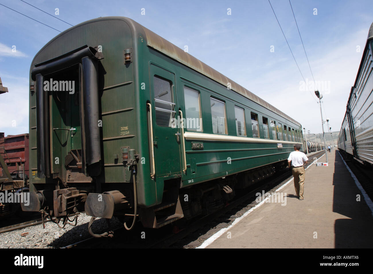 Trans-Mongolian train carriages wait for a diesel engine at the Russian ...