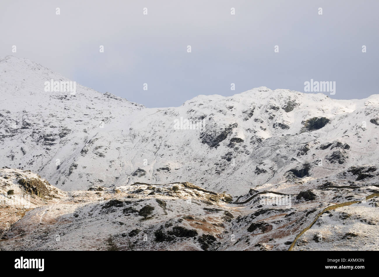 A winter view of the Coniston Fells taken from Walna Scar Road Stock ...