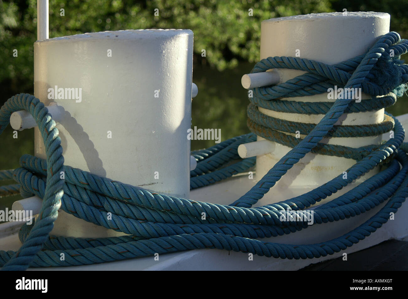 Boat rigging. Ships bollards and blue ropes on Rhone cruiser in the ...