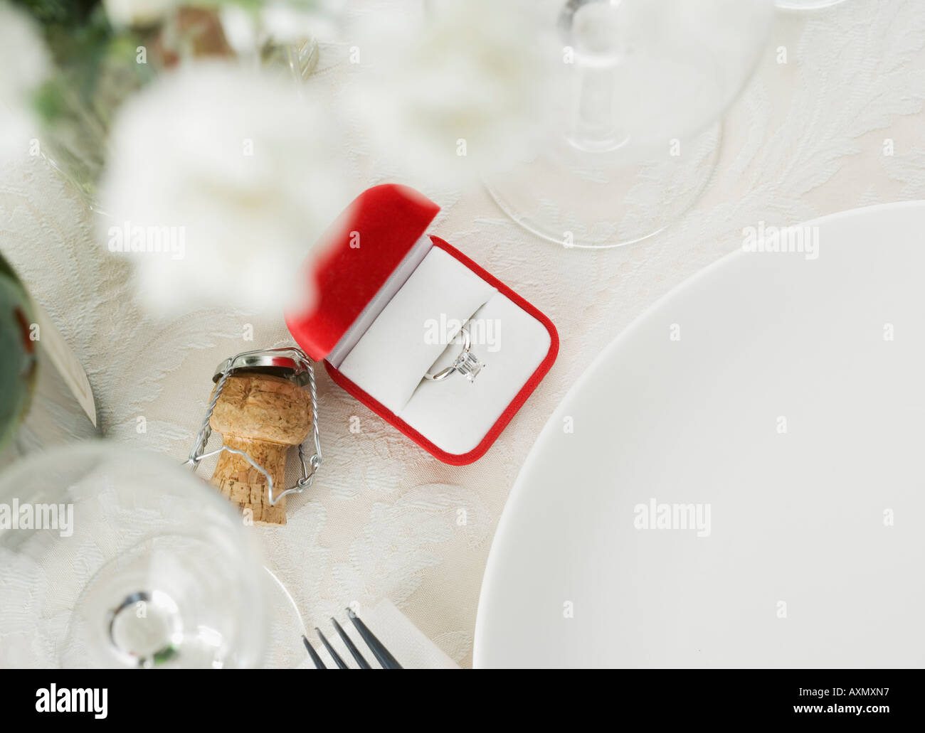 Still life of table setting and engagement ring Stock Photo - Alamy