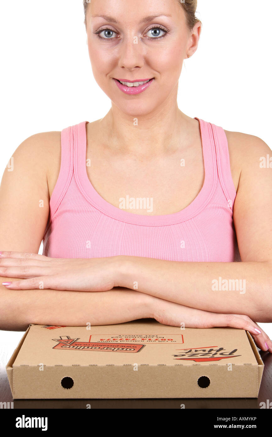 Young Woman Holding A Pizza Box Model Released Stock Photo - Alamy
