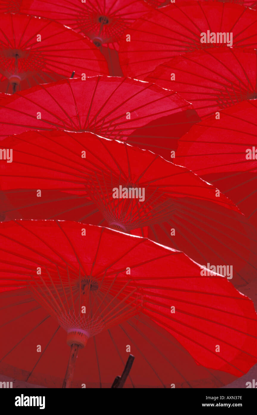 A cluster of handmade bright red paper umbrellas drying in the sun at ...
