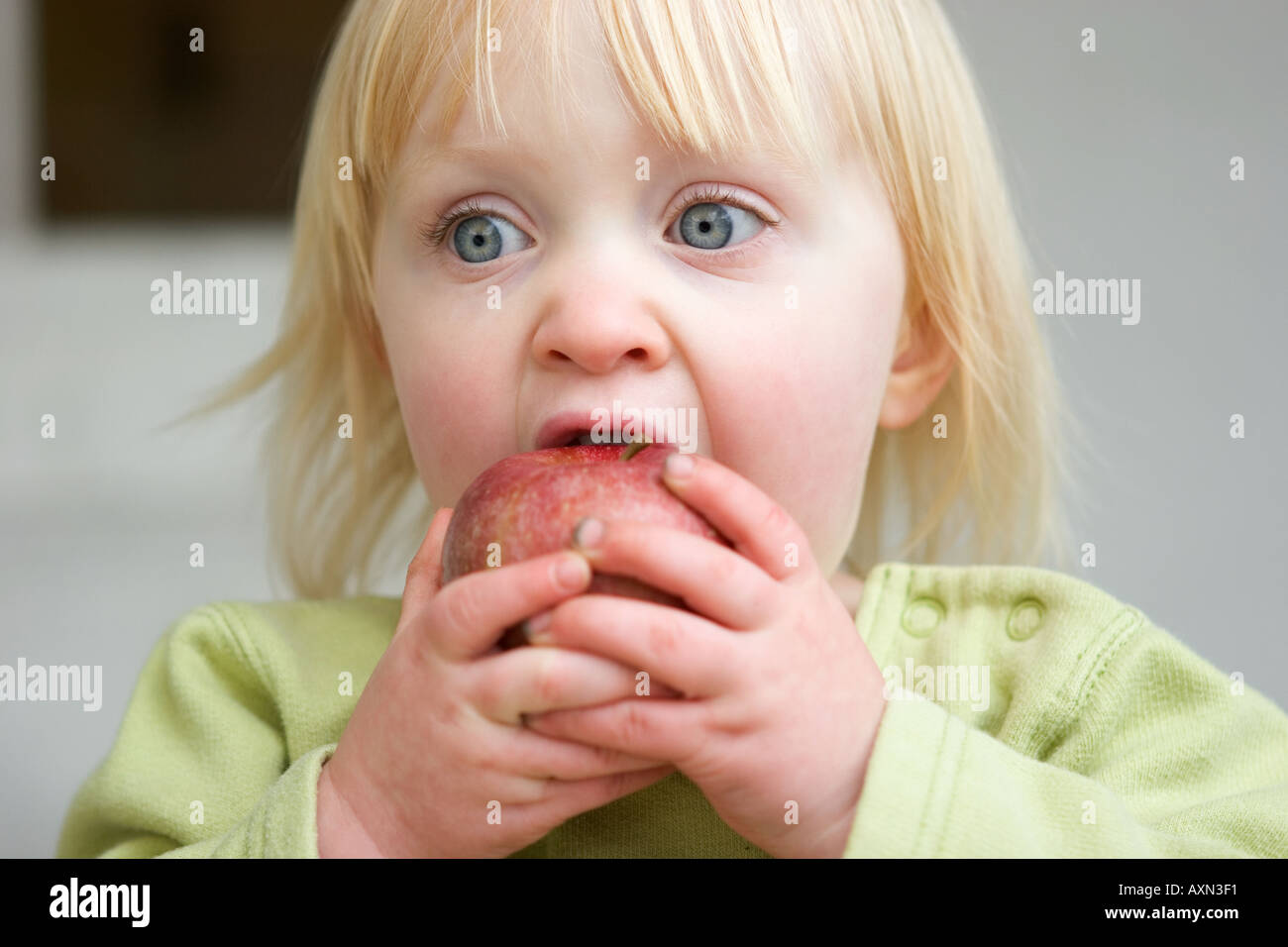 young girl taking a big bite out of an apple Stock Photo - Alamy