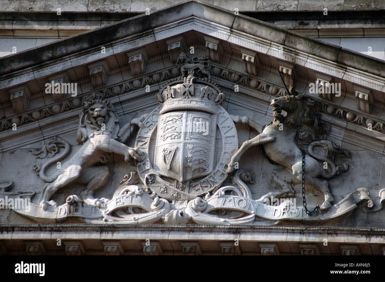 Close up on ornamental relievo above front entry to Buckingham Palace ...