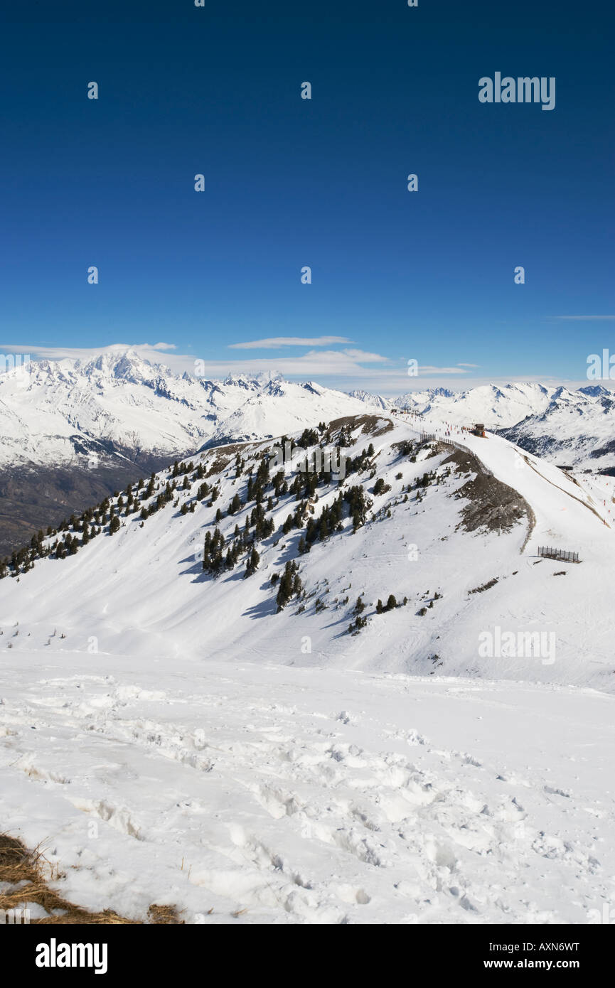 french alpine winter landscape with mont blanc and snowline in valley ...