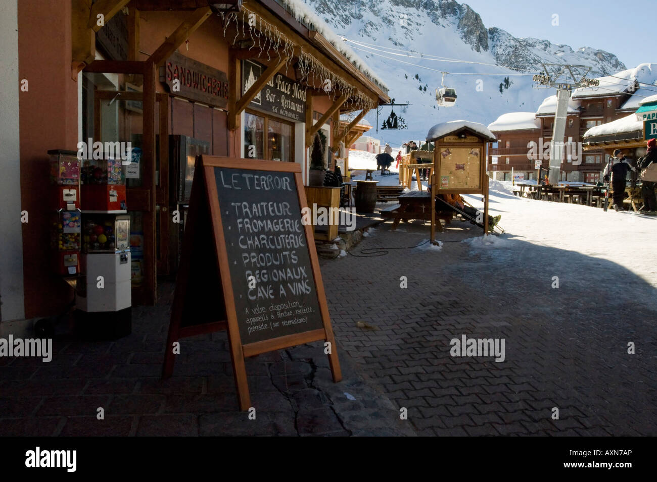 menu board outside speciality food shop in french alpine ski resort ...