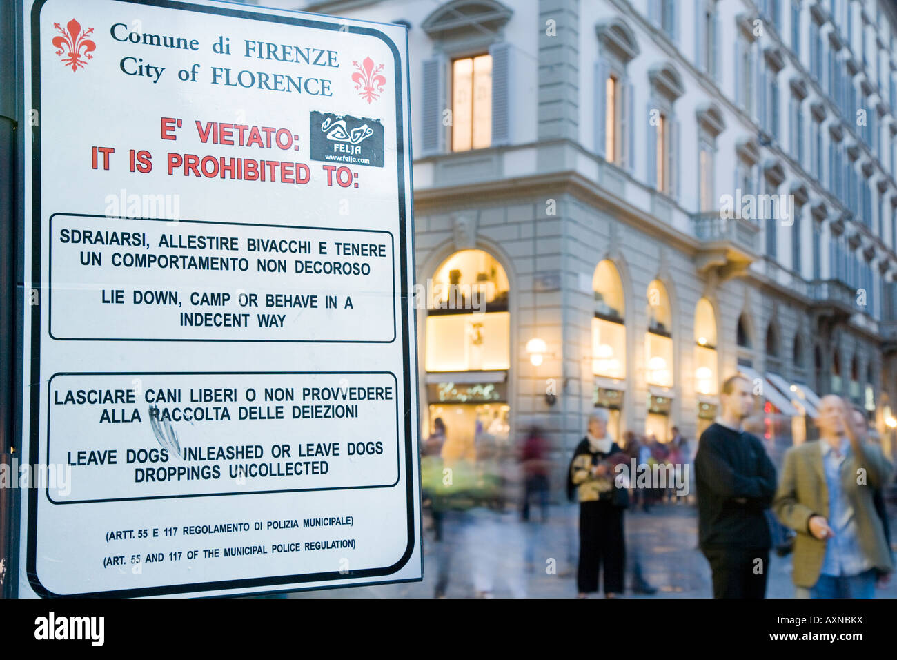 Warning sign prohibiting lying down camping or indecency Florence Italy ...