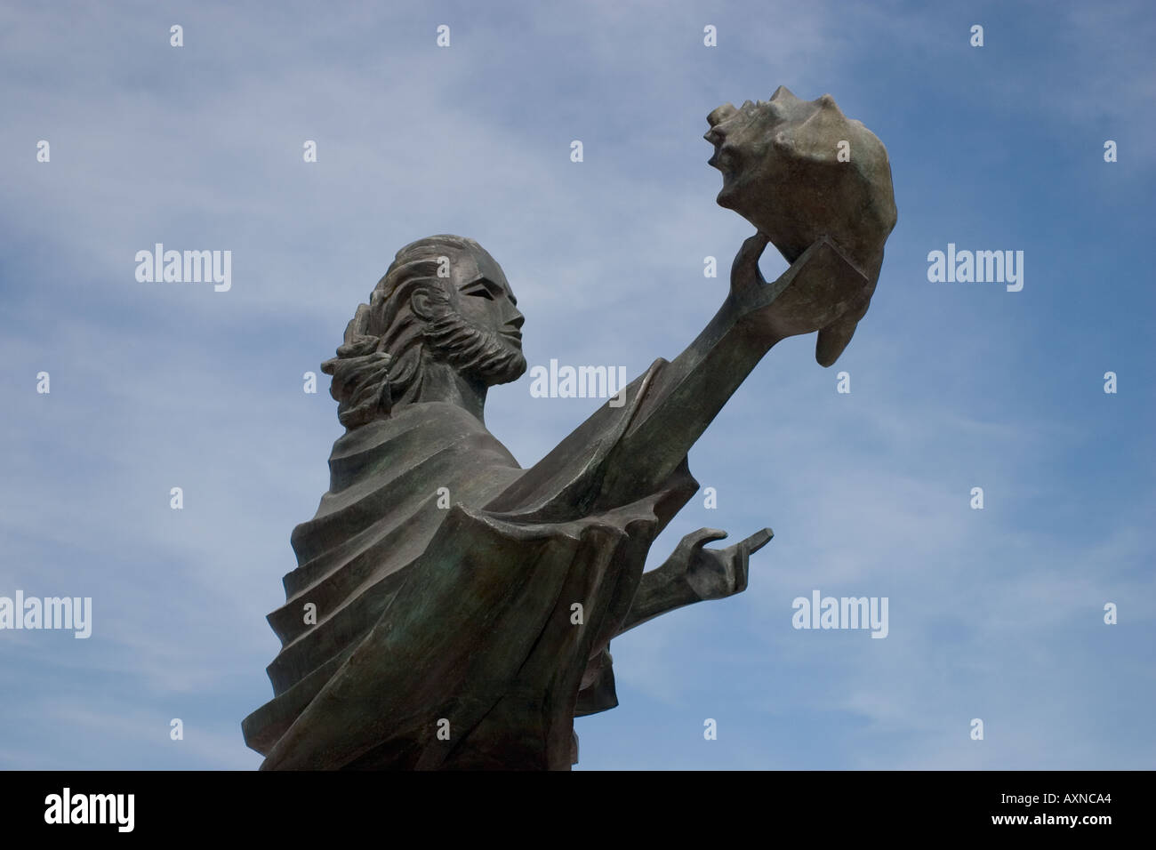 Closeup of statue of man with conch shell La Paz Baja California Mexico ...