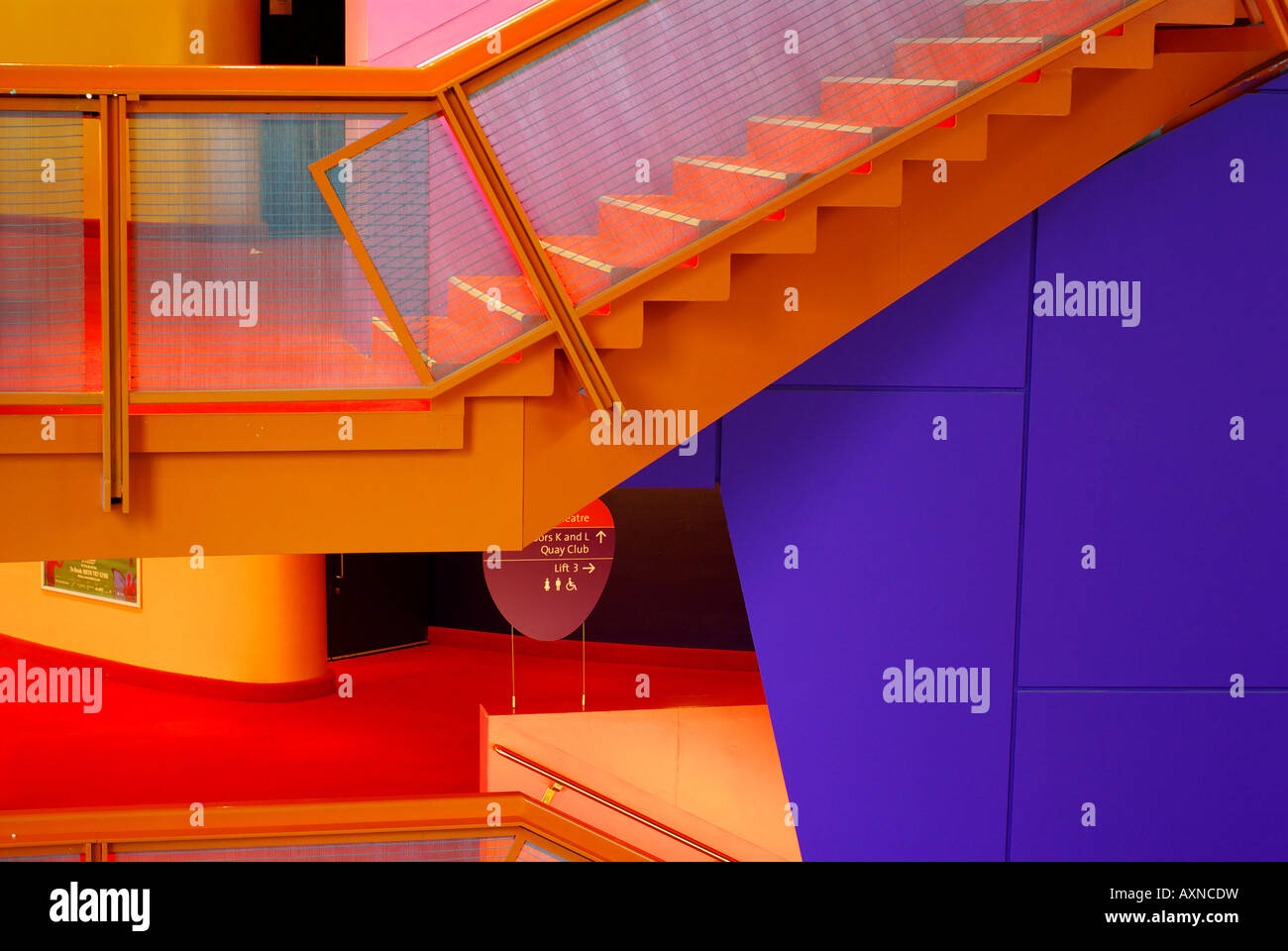 Detail from colourful stairs of Lowry Centre Manchester Salford Quays ...