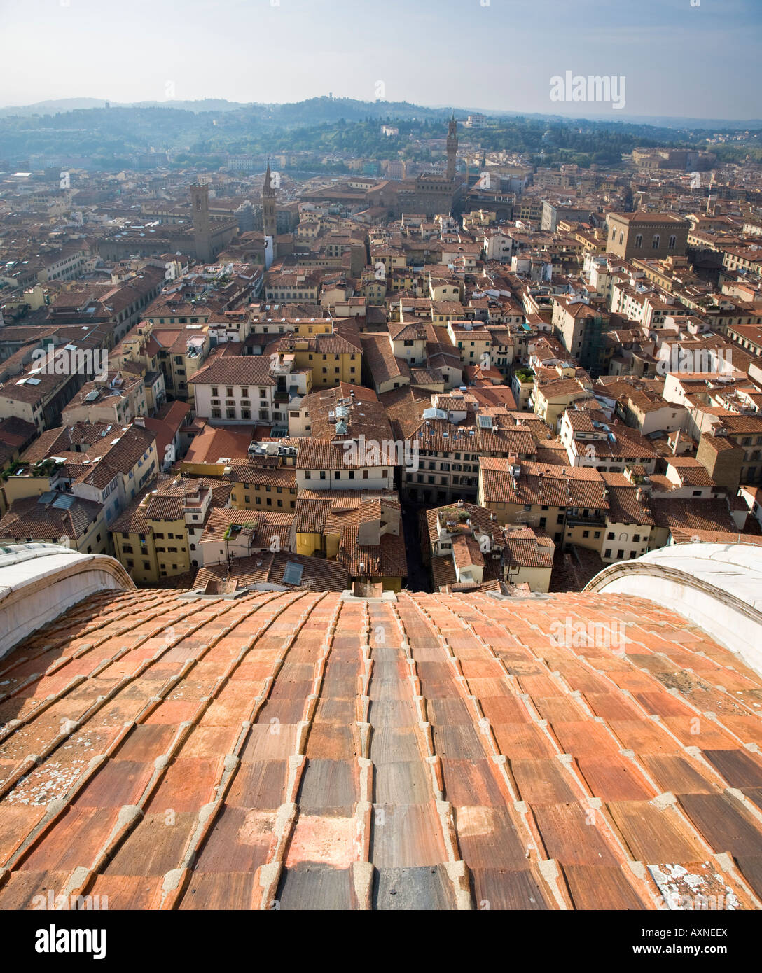 View from the roof of Florence Duomo to the Palazzo Vecchio and hills ...