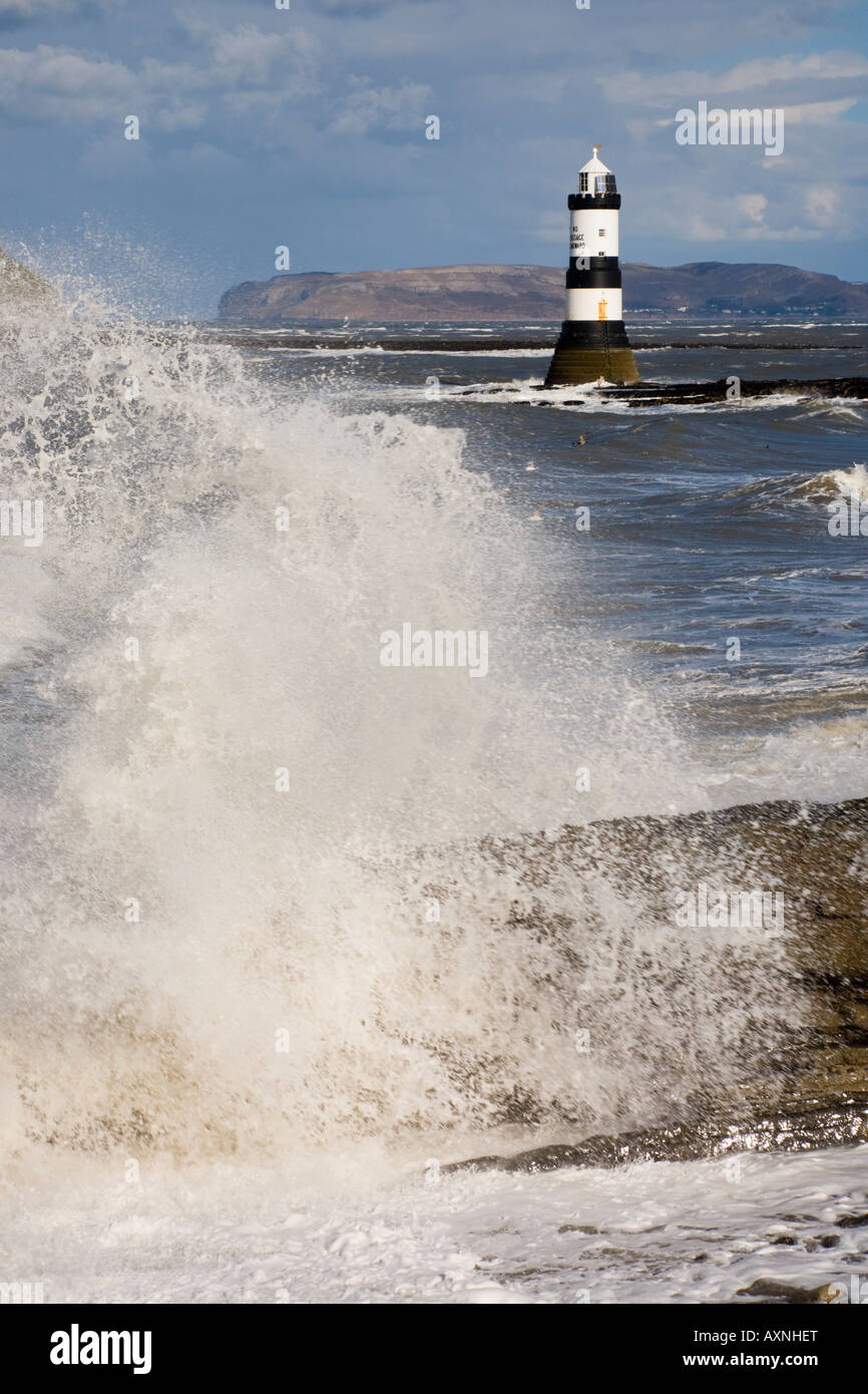 Rough sea during wild windy stormy weather Penmon lighthouse large ...