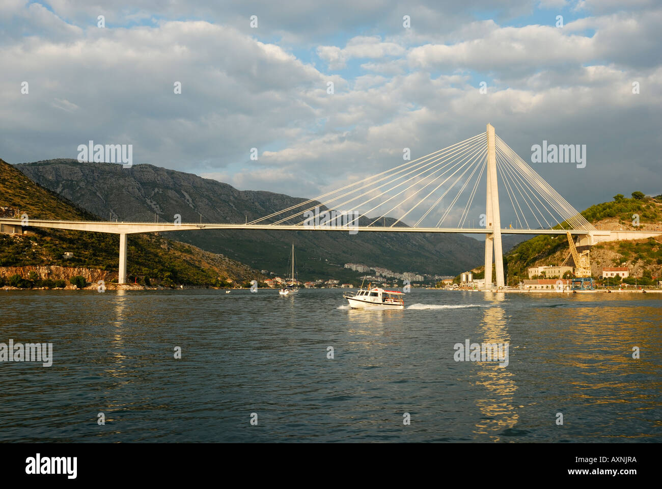 Warm evening sunshine lights up the Franjo Tudman Suspension bridge ...