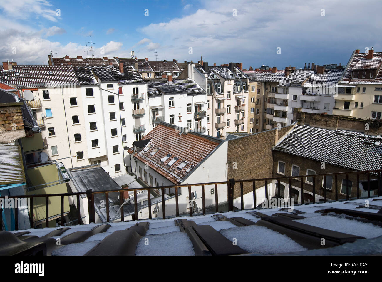 View on the backyard of houses in the city of Main in Germany Stock ...