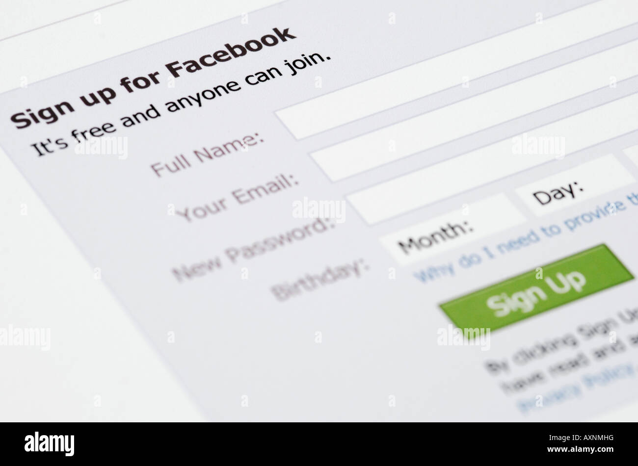 Facebook sign up screen Stock Photo - Alamy