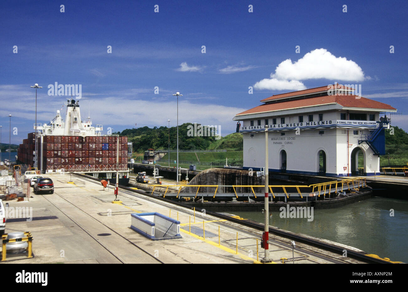 Gatun locks Large ship in lock Containers Water management Stock Photo ...