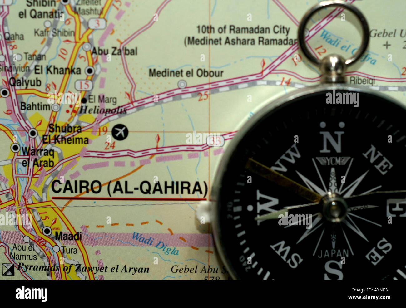 Cairo name on map next to compass Stock Photo - Alamy