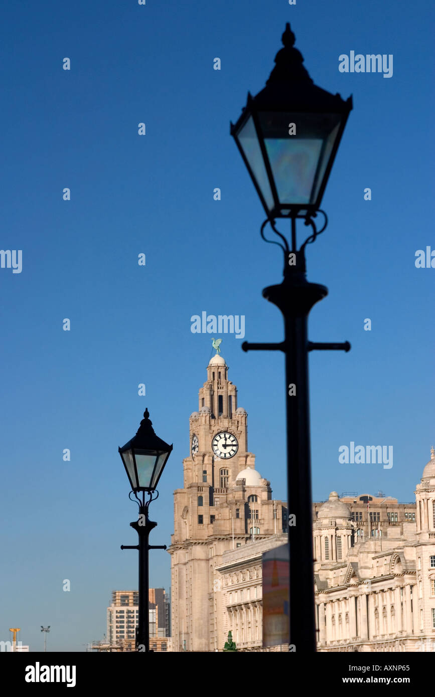 Antique streetlights in front of the royal liver building, liverpool ...