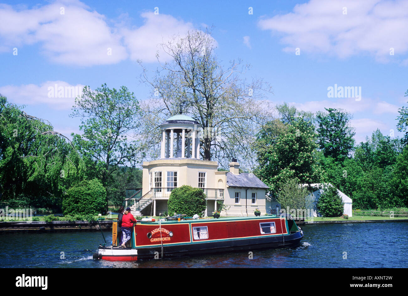 Narrow Boat red Barge Temple Island River Thames Henley Bucks ...