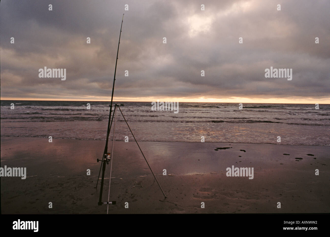 Fishing Rod and Tripod Sea Angler Fishing Borth Beach Ceredigion West ...