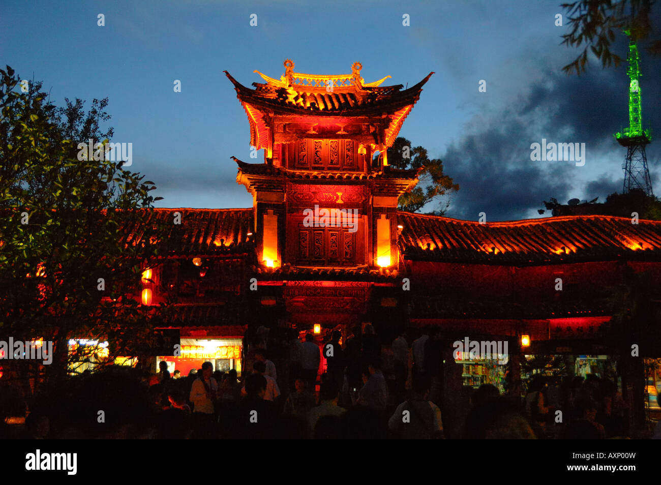 Lijiang at night. Colorful lights on the traditional buildings in ...