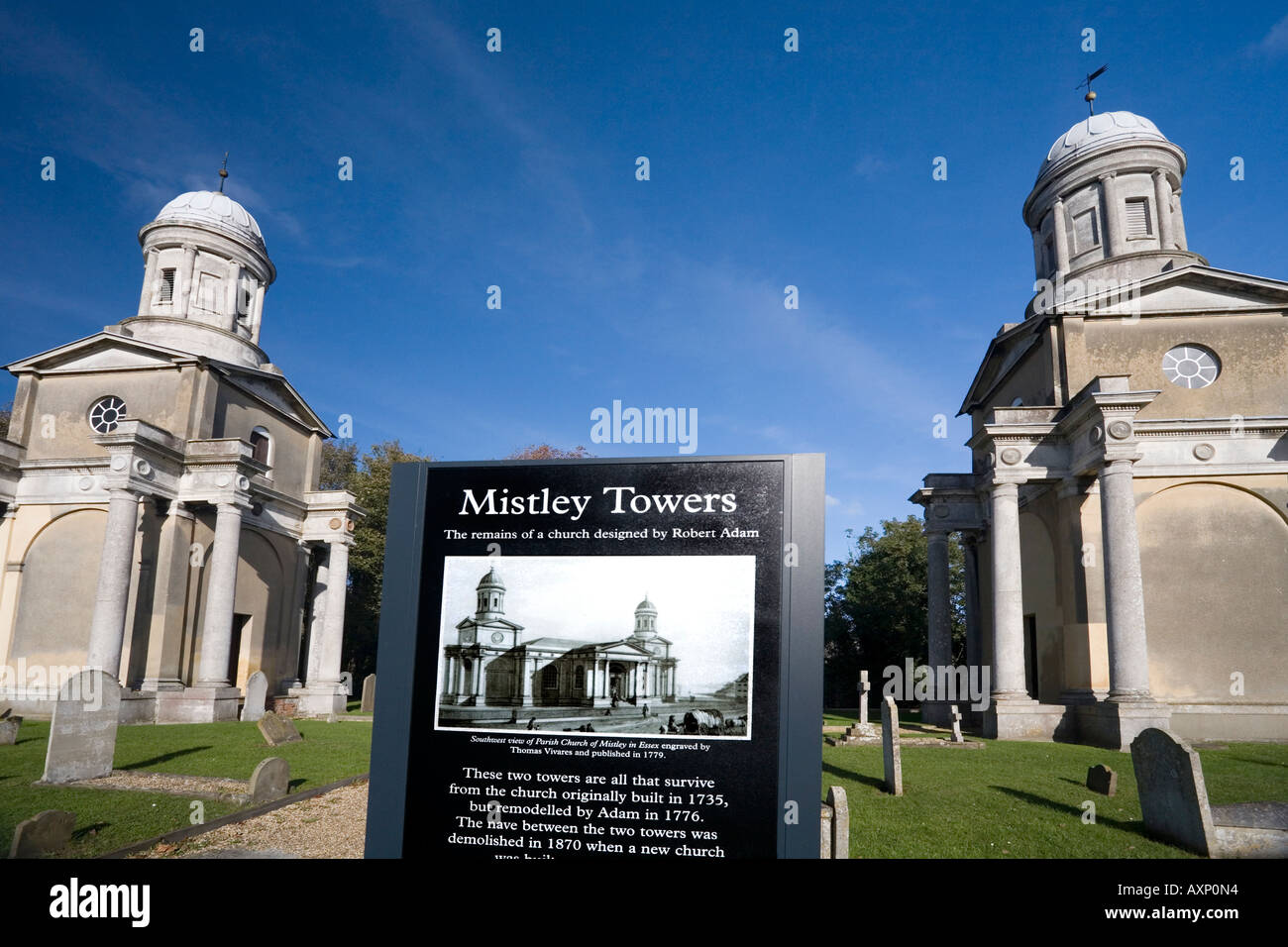 Mistley Towers with a drawing of how they looked originally Stock Photo ...
