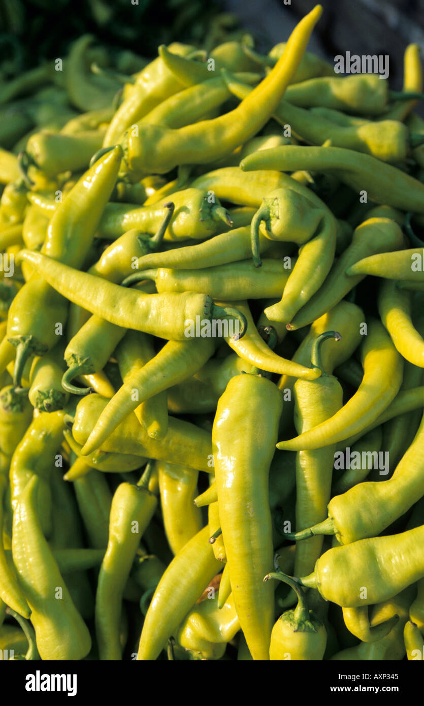 greece greek food and drink green peppers in a market Stock Photo - Alamy