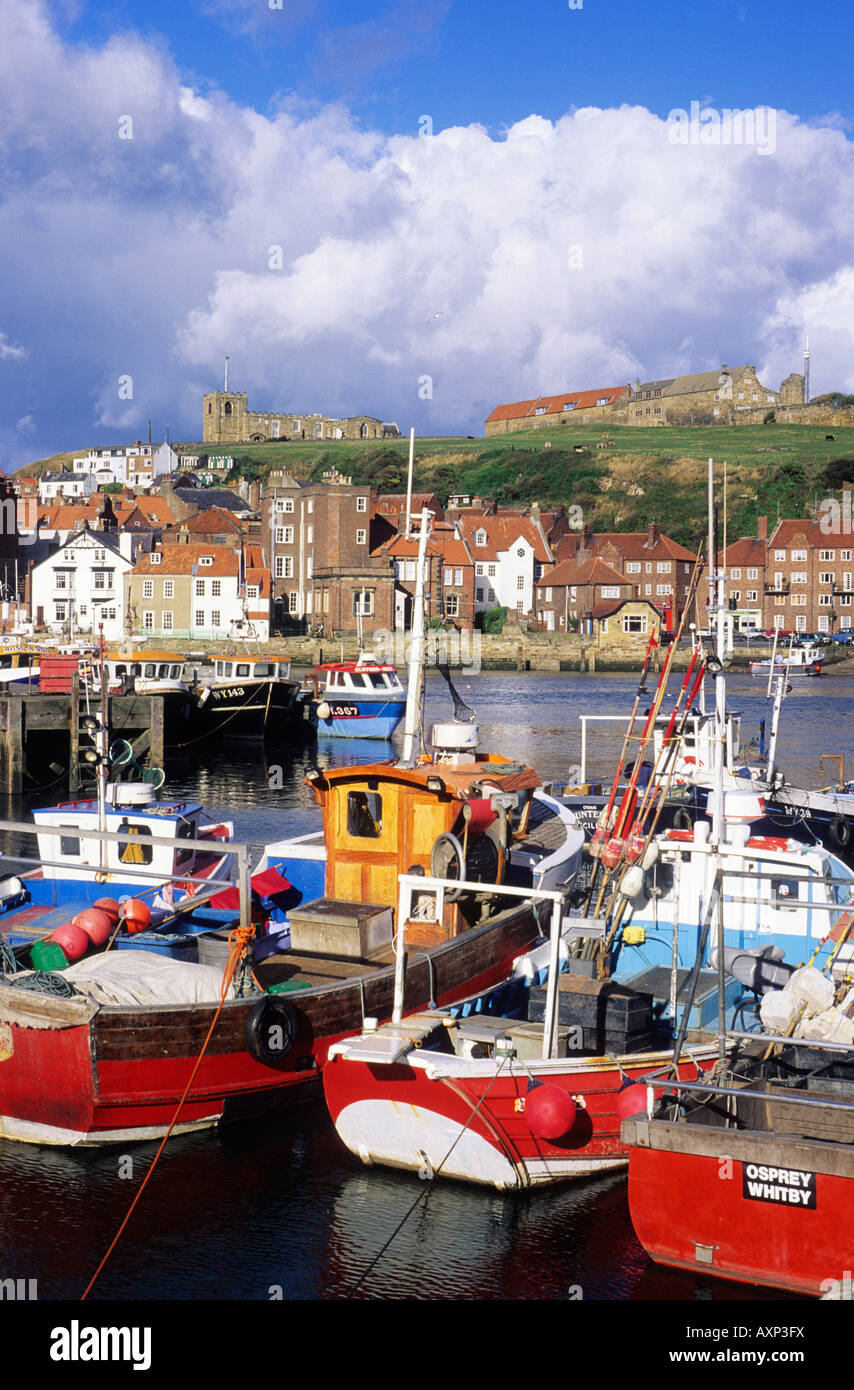 Whitby Yorkshire Harbour fishing boats church quayside houses English ...