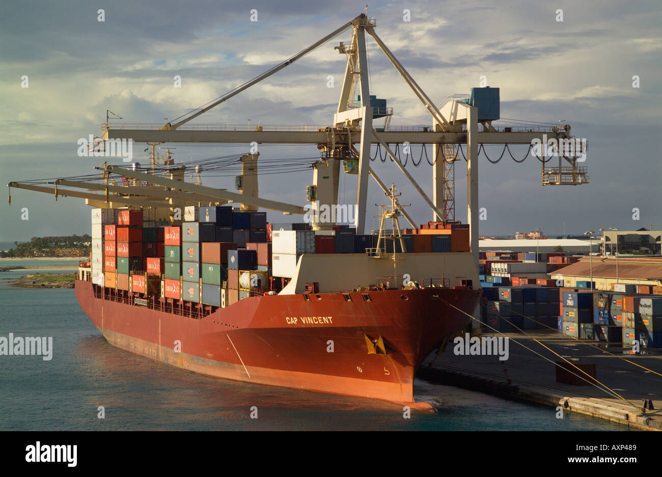 Container ship being loaded Oranjestad Aruba Caribbean Stock Photo - Alamy
