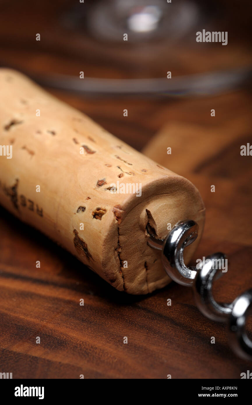 vertical photograph of cork and cork screw with the base of a wine ...