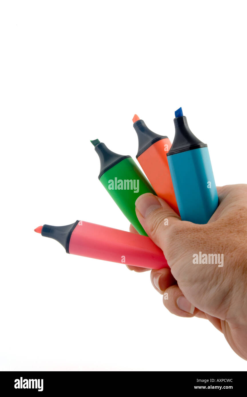 hand holding a selection of marker pens highlighters Stock Photo - Alamy