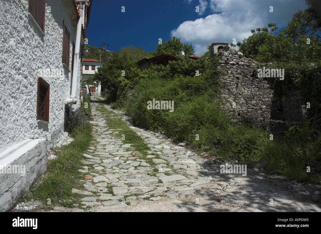 Footpath through the traditional mountain village of Megalos Prinos ...