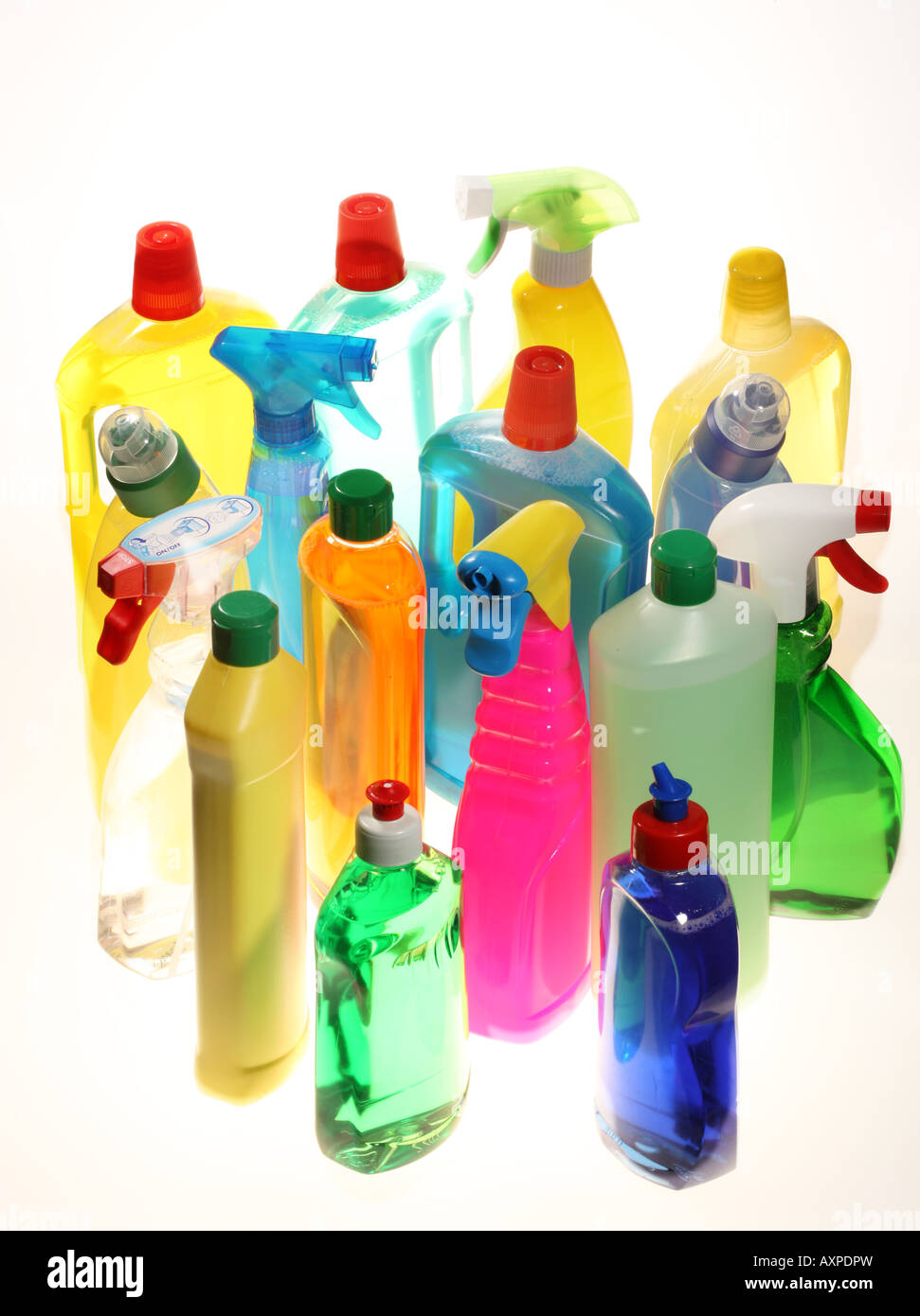 Plastic bottles with liquid cleaning agents Stock Photo - Alamy